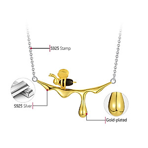 Lotus Fun S925 Sterling Silver Pendant Necklace Bee and Dripping Honey Pendant with Necklaces Chain Length 18.5 inches, Handmade Unique Jewelry Gifts for Women (Gold)