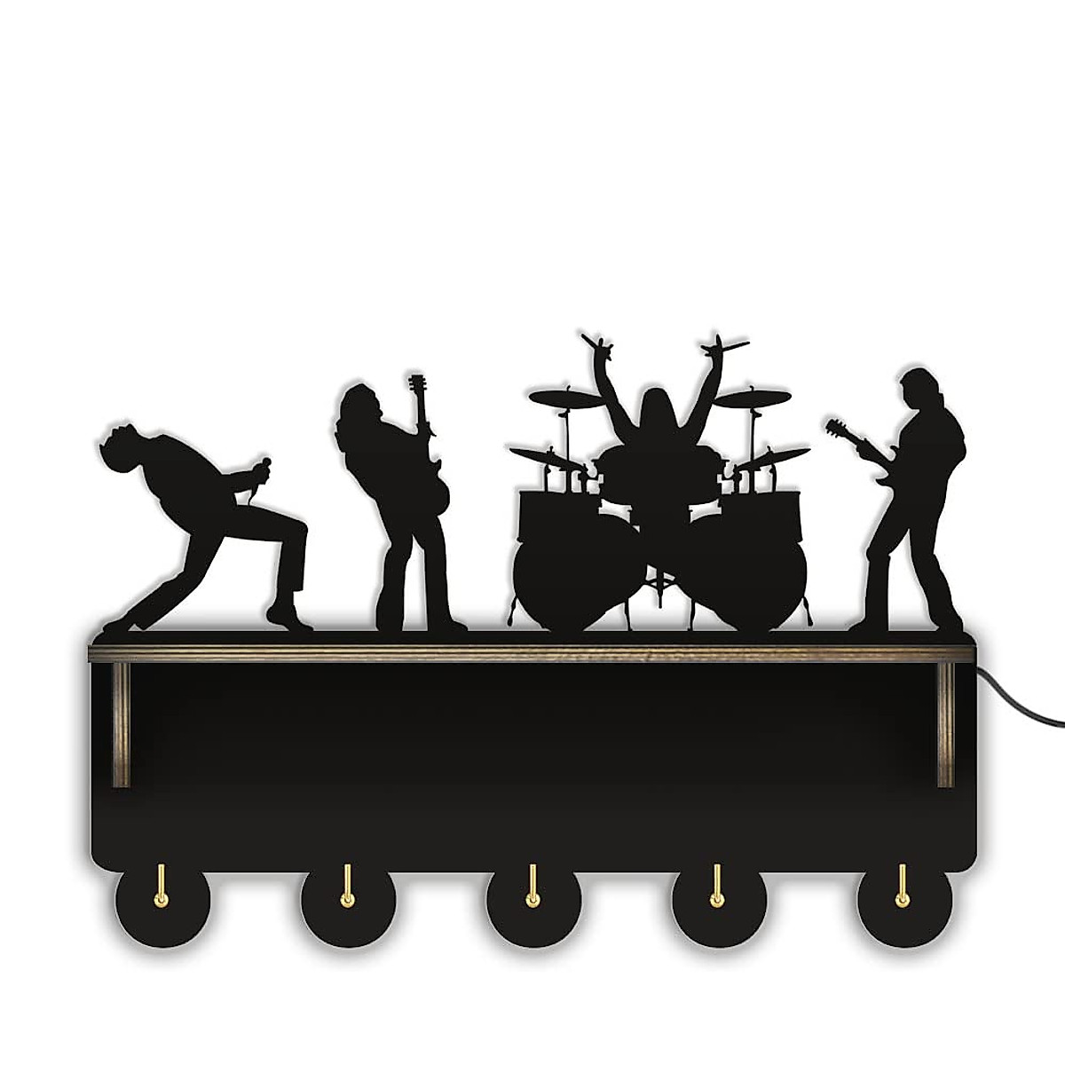 The Geeky Days Rock Band Key Holder for Wall, Musical Theme Wooden Wall Mounted Hat Coat Rack with Mail Medal Organizer Shelf, 5 Metal Hooks Hanger, for Music Lover Studio Hanging Decor