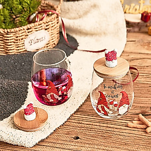 Christmas Gnome Wine & Water Glasses With Dwarf Wood Cover - Set of 2-17.5oz - Santa Holiday Festive Gnomes Stemless Clear Wine Glass For Red Or White Wine - Wines Glass for Women Friends Men Sister