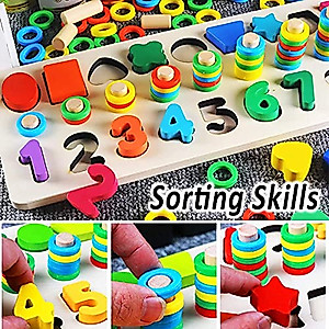 CozyBomb Wooden Number Puzzle Sorting Montessori Toys for 1 Year Old Toddlers - Shape Sorter Counting Game for age 3 4 5 year olds - Preschool Education Math Stacking Block Learning Wood Chunky Jigsaw