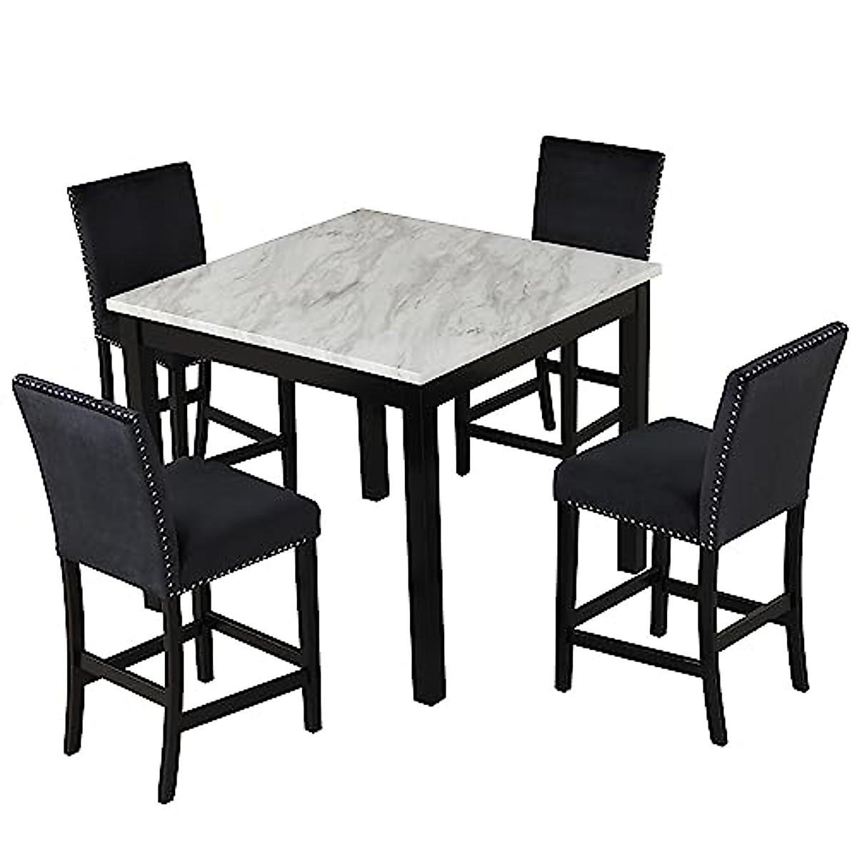 DHHU 5 Piece Furniture, Counter Height Set, Square 1 Faux Marble Dining Table and 4 Upholstered-Seat Chairs, Black+White