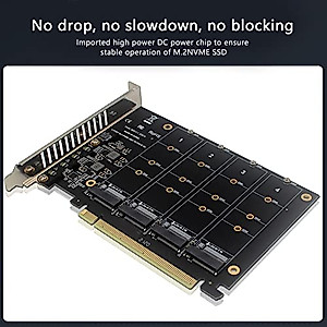 Jopwkuin M.2 SSD Adapter, PCIE X16 Interface Soft Light LED Status Indicator NVME   Card for 4 NVME PCIe Protocol SSDs for PCIE3.0 4.0