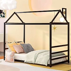 Bellemave Toddlers House Beds Metal Floor Bed Frame Twin Size Montessori Bed for Kids Boys Girls Teens, Black