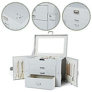 DQUTAR Jewelry Box for Women 4-layer Leather Large Jewelry Organizer Box with Drawers&Mirror for Necklace/Ring/Earring/Watch Storage (Grey)