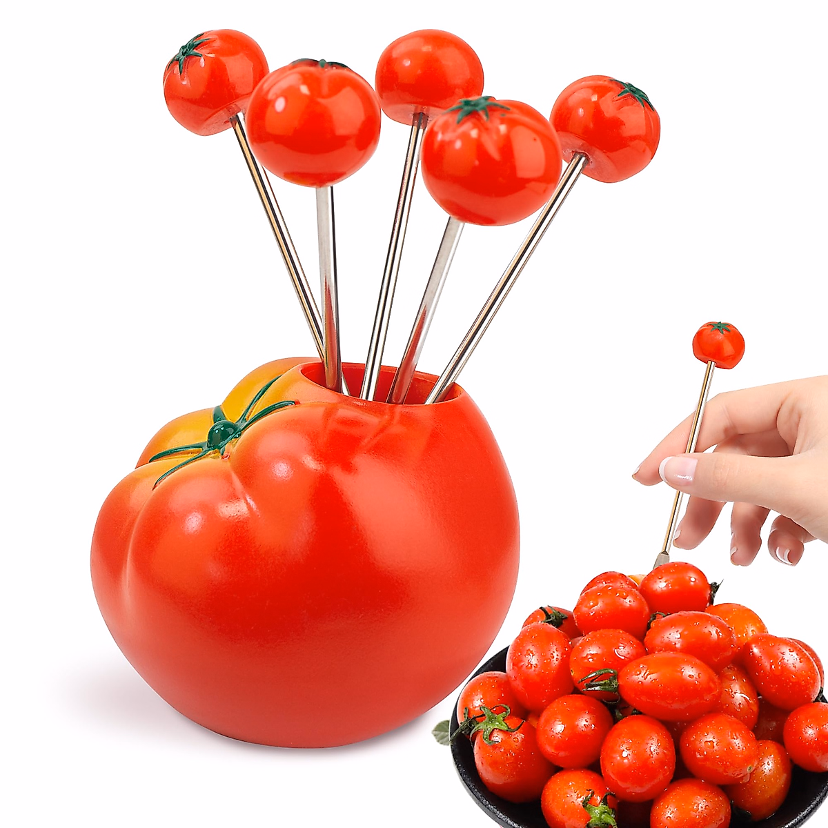 Set of 5 Tomato Stainless Steel Fruit forks and 1 Tomato Holder, Fruit Forks Dessert Forks Salad Forks Food Picks