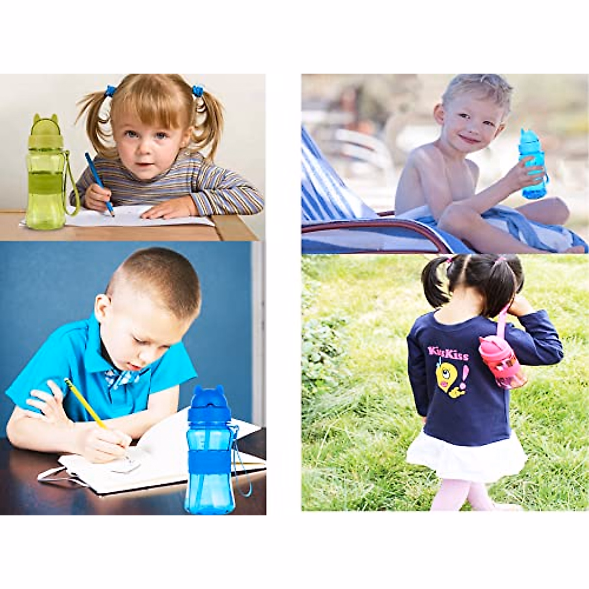 Water Bottle for Kids Toddlers with Straw Strap 12OZ Children Sized Leak Proof BPA Free Tritan Drinking Bottles for Boys Girls School Students, Cute Lightweight Sturdy Anti-skid Design (Purple)