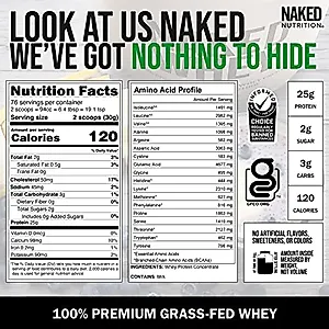 Naked WHEY 5LB 100% Grass Fed Unflavored Whey Protein Powder - US Farms, Only 1 Ingredient, Undenatured - No GMO, Soy or Gluten - No Preservatives - Promote Muscle Growth and Recovery - 76 Servings