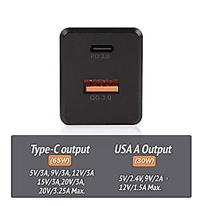 USB C Charger [GaN Tech] 65W Dual Port PD Wall Charger with 5ft USB C Cable for MacBook, USB C Laptops, iPad Pro, iPhone12, Galaxy, Pixel and More (Black)