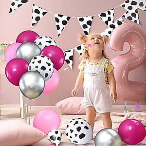 70 Pieces Western Theme Party Decorations Bachelorette Birthday Cow Balloons Rodeo Balloons Rose Red, Pink, Silver, Cow Print Latex Balloons for Baby Shower Cowgirl Party Supplies