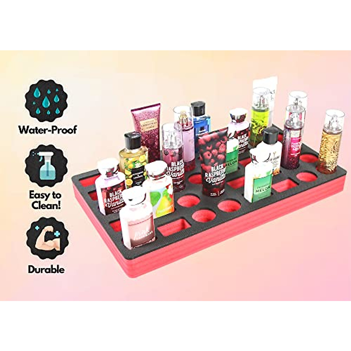 Polar Whale Lotion and Body Spray Stand Organizer Large Tray Red and Black Durable Foam Washable Waterproof Insert for Home Bathroom Bedroom Office 23.25 x 13.5 x 2 Inches 40 Slots