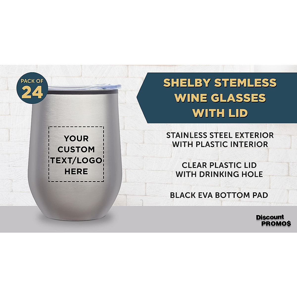 Custom Stemless Wine Tumblers 12 oz. Set of 24, Personalized Bulk Pack - Insulated, Perfect for Wine, Cocktails, Other Hot & Cold Beverages - Silver