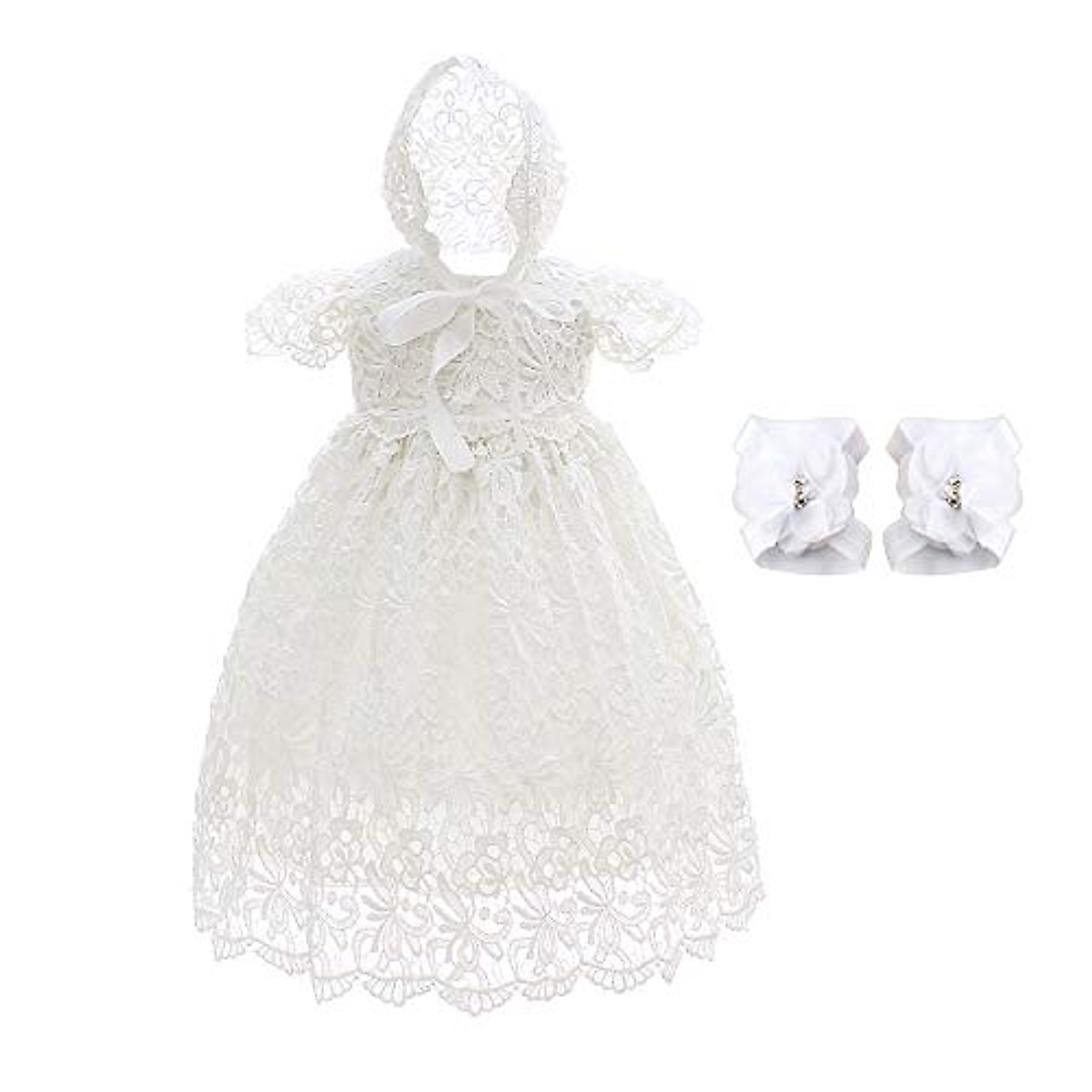 Xangirl Baby Lace Baptism Dress with Bonnet Embroidered Gown for Girls Christening Baptism Birthday Party