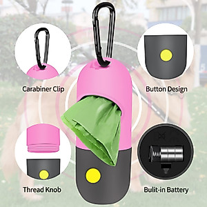 2 Pack Dog Poop Bag Dispenser with Built-in LED Flashlight, Pet Waste Bag Holder for Leash with Carabiner Clip for Lead Leash, 2 Rolls Leak-proof Doggy Waste Bags for Dog Walking, Pink, Eliamo
