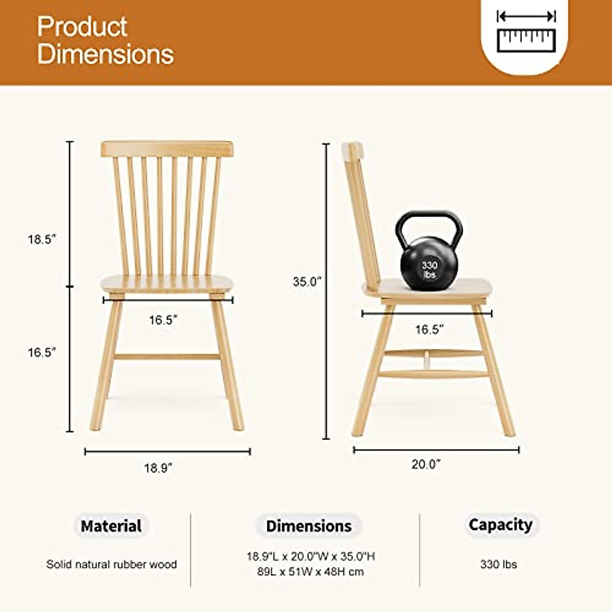 IKIFLY Solid Wood Dining Chairs Set of 2, Mid Century Modern Wooden Dining Room Chairs, Windsor Chairs Rubberwood Side Chairs for Kitchen, Dining Room - Natural