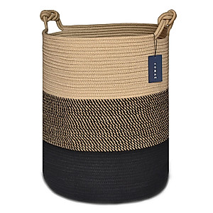 COMSE Extra Large Blanket Basket, High Storage Basket, Tall Rope Laundry Basket, 15.7”x 21.7”, Cotton Rope Basket, XXXL Laundry Basket, Toy Basket, Woven Basket, Clothes Baskets,Brown/Black