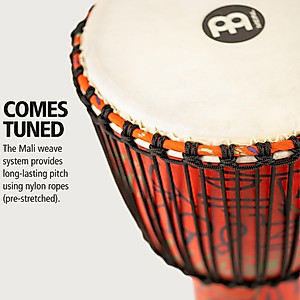 Travel Djembe Hand Drum Circle Instrument, Synthetic Shell and Goat Skin Head — NOT MADE IN CHINA — African Mali Weave Rope Tuning, 2-YEAR WARRANTY