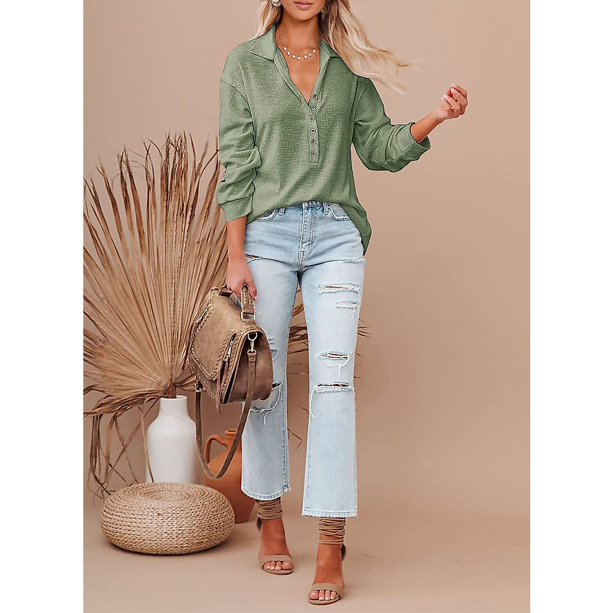 BTFBM Women Casual Button Down Fall Blouses 2025 Long Sleeve Solid Business Work Tops Cute Relaxed Fit Shirts(Solid Light Green, Medium)