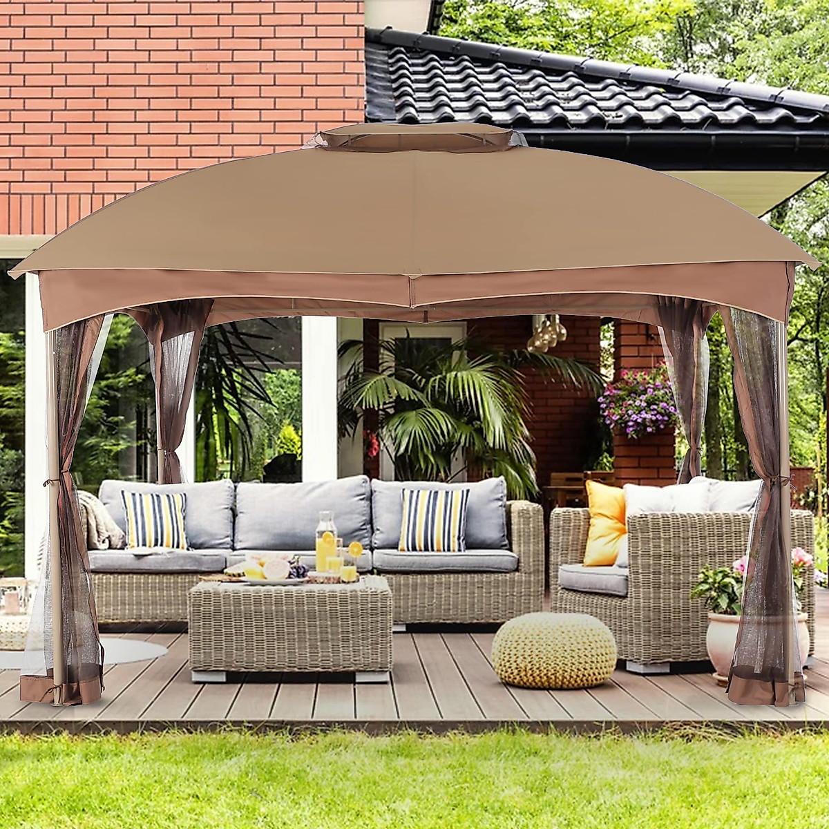 PHI VILLA 10x12 Gazebo Canopy for Patio, Double Vent Outdoor Canopy Gazebo with Netting, Screen Patio Gazebo Heavy Duty for Garden Deck Khaki