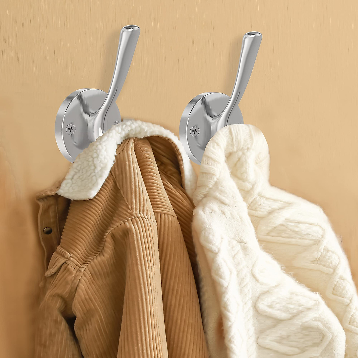 TOFIIGREM Brushed Nickel Wall Hooks Towel Hooks, 2 Pack Coat Robe Hook Heavy Duty Bathroom Double Hook Wall Mounted, Hand Towel Hooks for Closet Entryway Cubicle Kitchen