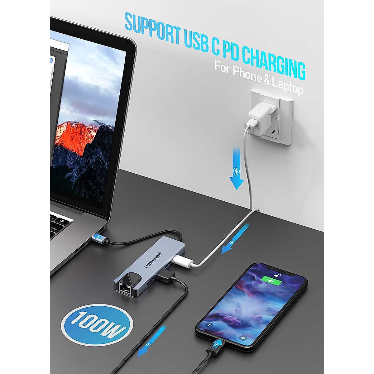 USB C Hub Adapter, Lemorele 5-in-1 USB C Dongel Multiport Adapter with 4K HDMI, 1000M Ethernet, 2 USB 2.0 Ports, 100W USB C PD Charging for MacBook M1 Air/Pro, iPad M1, Switch, XPS15, Windows