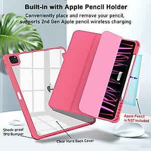 OKP for New iPad Pro 12.9 Case 6th/5th/4th/3rd Generation 2022/2021/2020/2018, 12.9 inch ipad Pro Case with Trifold Stand, 12.9'' Cover with Slim Lightweight Clear PC Back Shell for Women Men, Pink