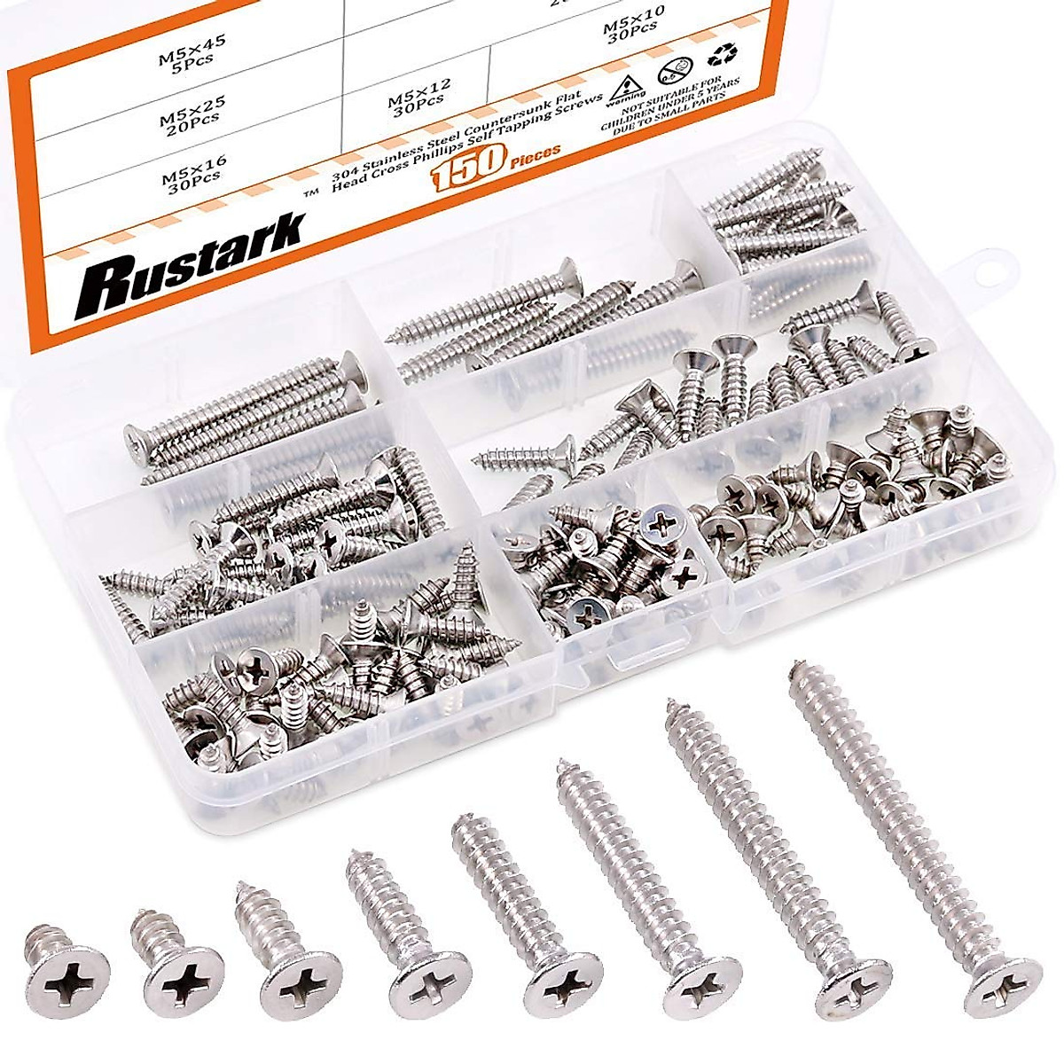 Rustark 150Pcs M5 [10-45mm] 304 Stainless Steel Flat Head Phillips Cross Wood Screw Self Tapping Drilling Screws Assortment Kit