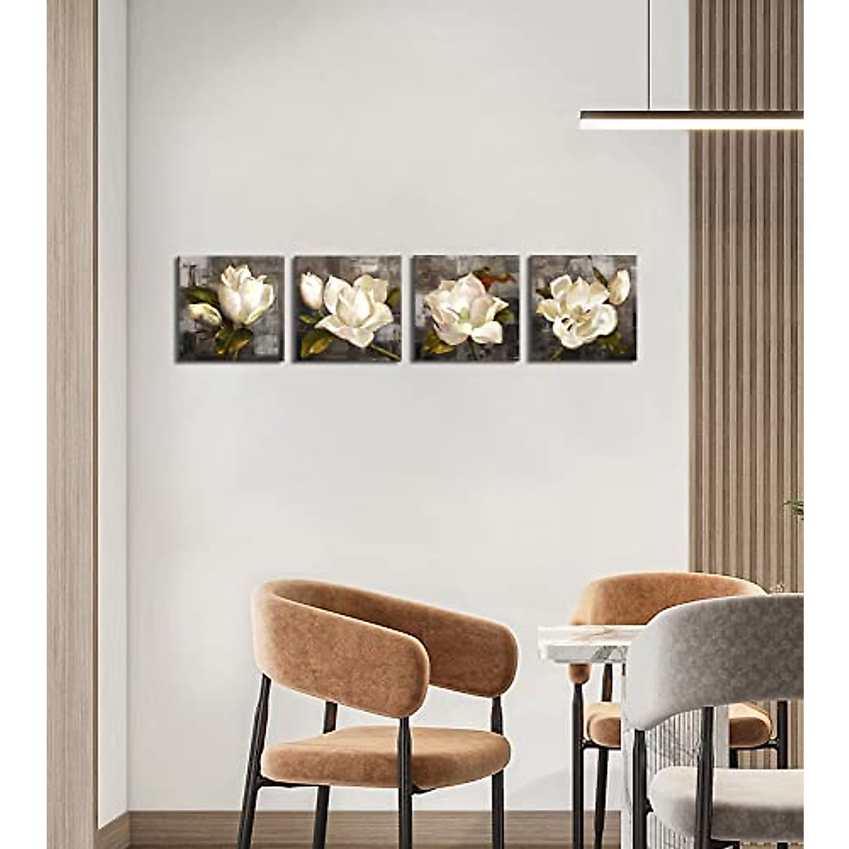 Brown Wall Art Brown Flower Canvas Print for Bathroom Living Room Kitchen Decor Rustic Brown Wall Decor White Flowers Magnolia Floral Canvas Print Art 12x12inchx4pcs