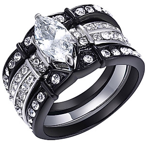MABELLA Black Wedding Engagement Ring Set Stainless Steel Marquise Cz Gifts for Women, Size 8