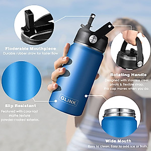 GLINK 12oz Kids Stainless Steel Water Bottle with Straw, Wide Mouth Double Wall Vacuum Insulated Water Bottle Leakproof for Toddler, Straw Lid and Spout Lid with New Rotating Rubber - Sapphire