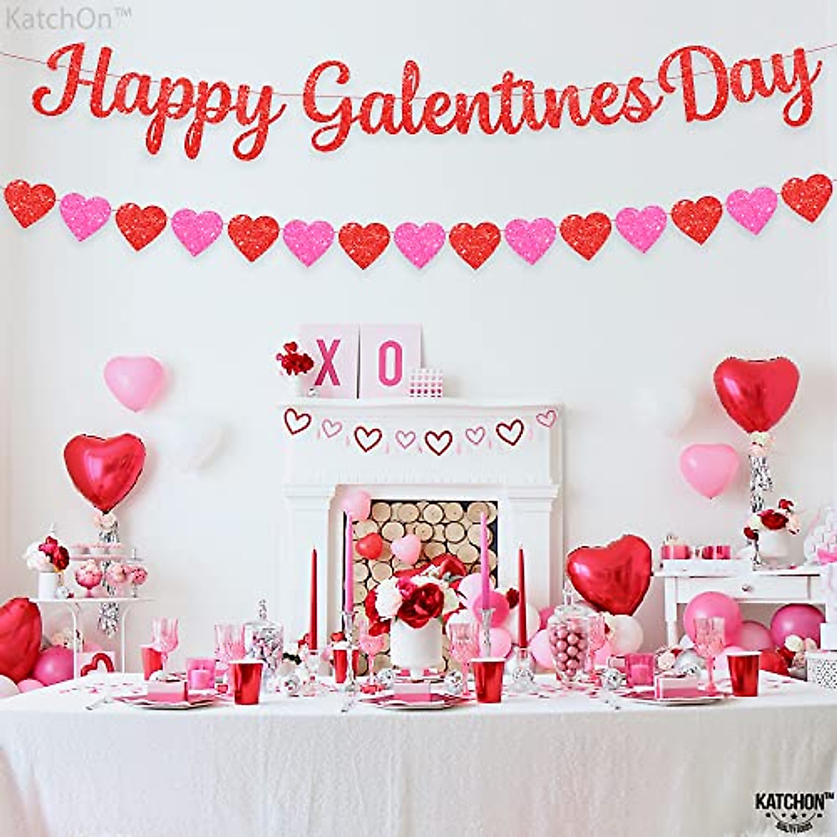 Glitter, Red Happy Galentines Day Banner - 2 Strings, No DIY | Happy Galentines Day Decorations | Galentines Day Party Favors for Be My Galentine Decor | Galentine's Day Decorations, Galentines Décor