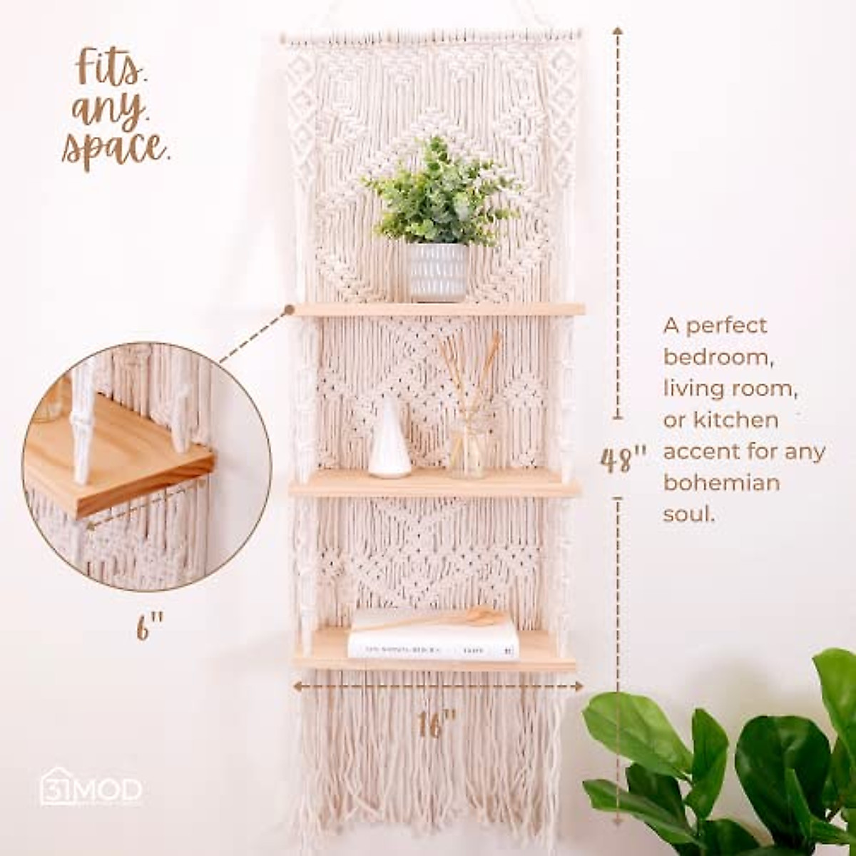 31Mod Macrame Wall Hanging Shelf with Enhanced Solid Wood Shelves and Handmade Macrame to Organize Plants and Decor — 3 Tier Macrame Shelf Wall Hanging for Kitchen, Bathroom, Home Storage, Plants