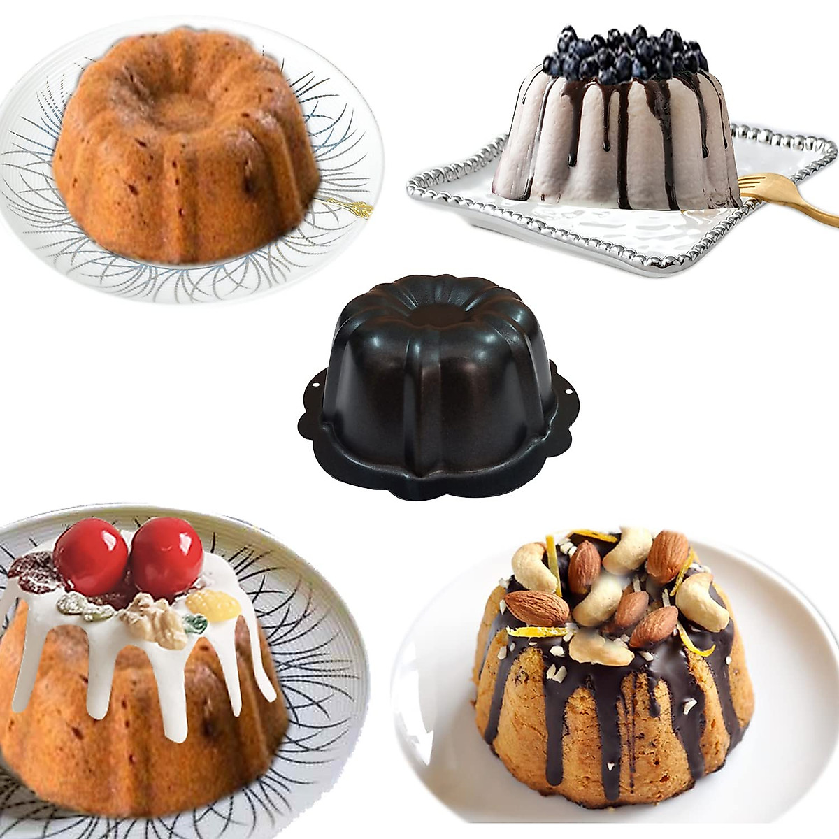 Proshopping Carbon Steel Mini Bundt Cake Pans, 4 Inch Metal Nonstick Fluted Cake Pan, 4Pcs Kugelhopf Mould for Baking Buntcake Bundtlet Bavarois Cupcake Brownie Pudding Tarts - Pumpkin Shaped, Black