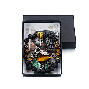 Softones Owl Necklace Healing Crystals Necklace for Women Men Reiki Spiritual Energy Gemstone Necklace Lava Owl Bracelet Set Gifts for Women with Gift Box