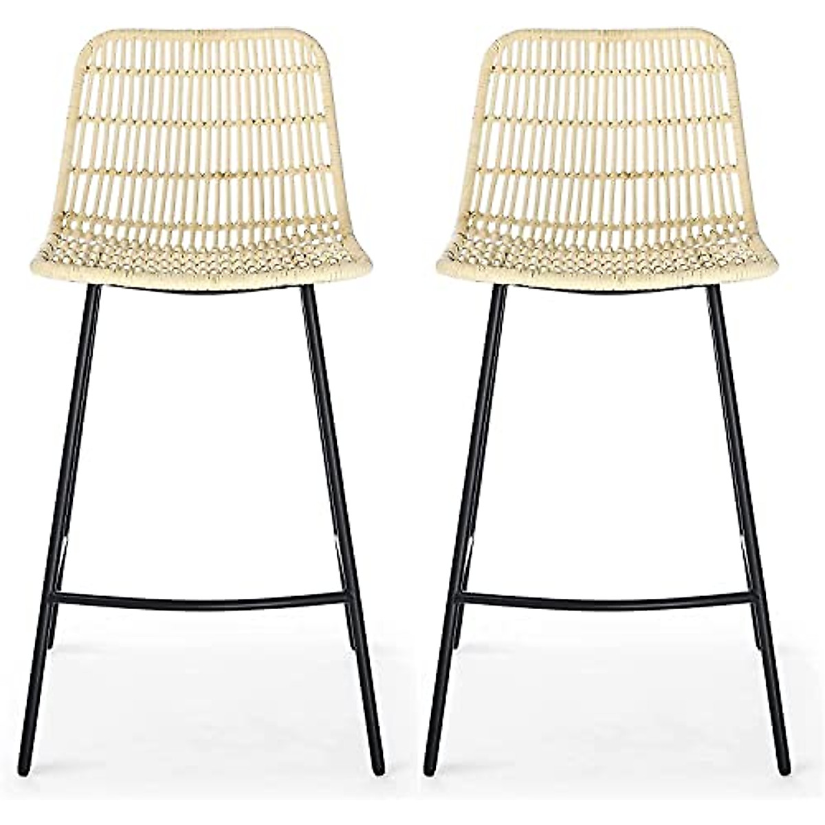 ECLYL Natural Rattan Counter Stool 25" Counter Height Bar Stools Rattan Bar Stools Indoor Stools Rattan Counter Stools Set of 2 Black Finish Steel Legs Woven Bar Stool 17.5" Wx20 Dx34 H (Natural)