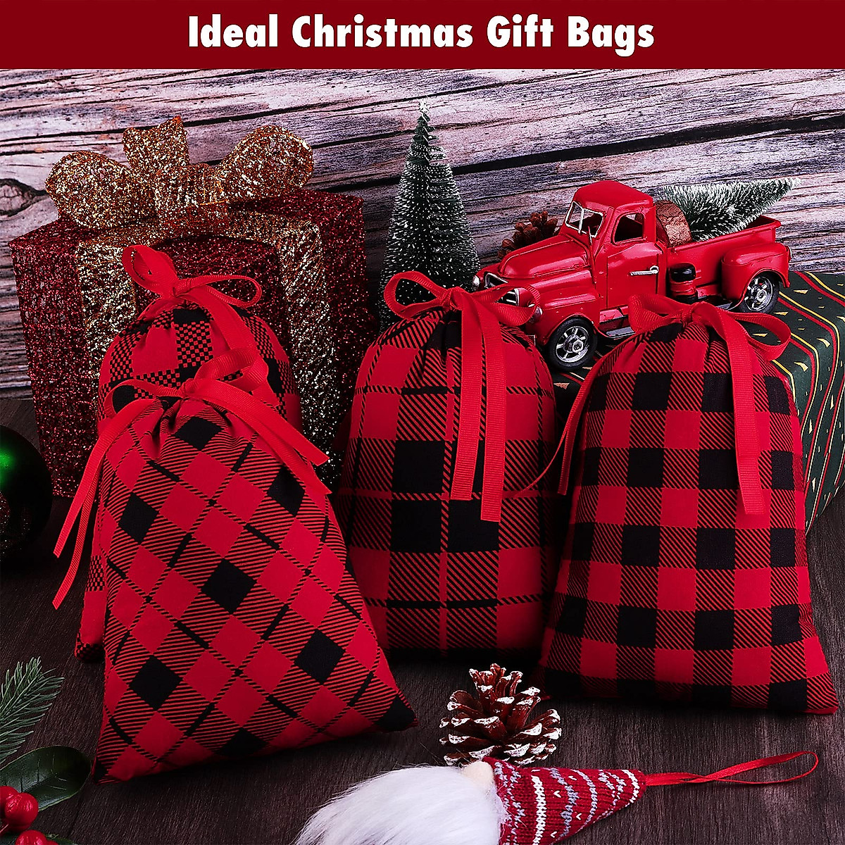 Aneco 24 Pack Mini Christmas Cotton Present Gift Bags Buffalo Plaid Drawstring Gift Bags Santa's Red and Black Plaid String Bags for Xmas Games Party Supplies, Candies Snacks, Mini Size 7.9 x 5.9 Inch