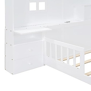 EOVTK Full Size Montessori House Floor Bed with Bedside Drawers and Shelves, Wooden Platform Bed with a Set of Sockets and USB Port for Kids, Boys, Girls, White