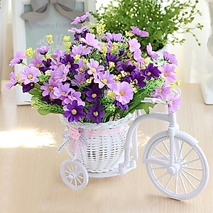 Bicycle Artificial Flower Desktop Decoration Nostalgic Bicycle Planter Garden Decor Mini Tricycle Fake Silk Flower Plant Stand for Home Office Wedding Party Decoration