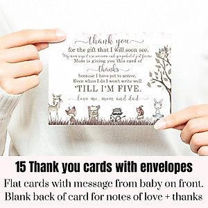 Girls Woodland Baby Thank You Cards, 15 Pack – Cute Baby Shower Notes with Envelopes Set, Prefilled Message, Customizable and Personalize Blank Stationery Pink, Rustic Floral, New Parents Gift Ideas