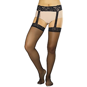 ToBeInStyle Women's All-in-1 Lace Garter Belt Sheer Backseam Stockings - Black - OS
