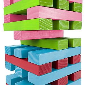 Hey! Play! Nontraditional Giant Wooden Blocks Tower Stacking Game with Dice, Outdoor Yard Game, for Adults, Kids, Boys and Girls (Rainbow Color)