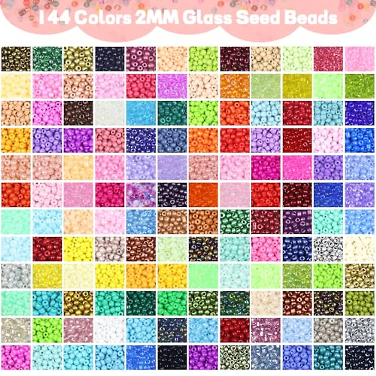 64800pcs Glass Seed Beads for Jewelry Making Kit, 144 Colors 2mm Small Seed Beads with Accessories for Bracelets Rings Necklaces Making, DIY, Craft