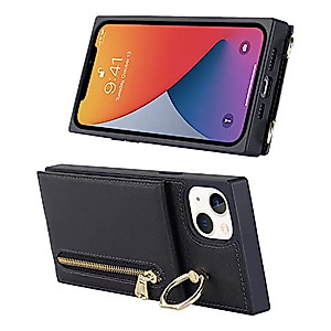 Jaorty iPhone 13 Mini Case with Card Holder,Crossbody Wallet Case for iPhone 13 Mini with Strap for Women，[Ring Holder Kickstand] Lanyard Leather PU Magnetic Clasp Zipper Purse,5.4" Black