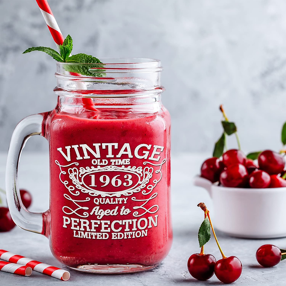 Cuptify 60th Birthday Gift for Women and Men Vintage 60 Years Old Time 1963 Etched Mason Jar Glass 16 oz Drinking Glasses with Handle