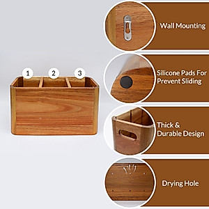 Wooden Kitchen Utensil Holder Organizer for Counter or Countertop, Large Wooden Utensil Holder for Storage Cooking and Silverware with 3 Compartment, Acacia Rustic Wood Container Extra Large