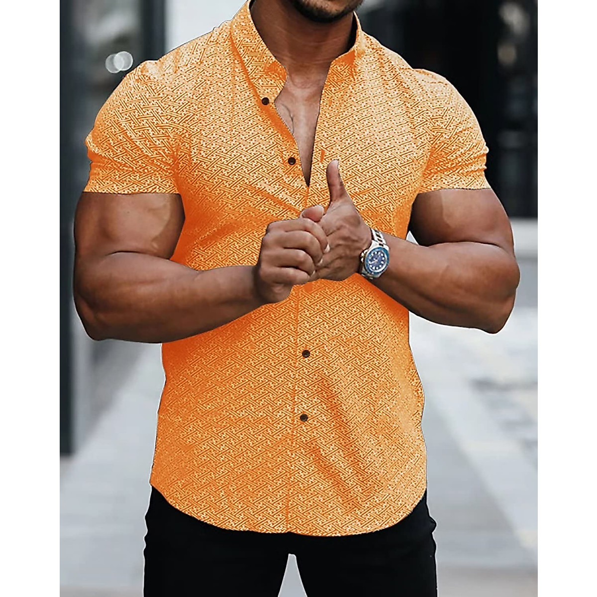Men's Athletic Dress Shirts Casual Regular Fit Printed Short Sleeve Muscle Button Down Shirts Orange 3XL