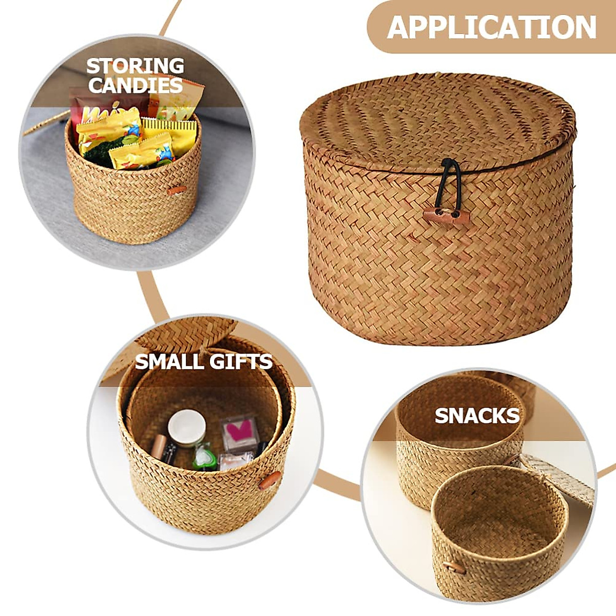 STOBAZA Wicker Storage Basket Round Storage Basket Desktop Sundries Organizer Lidded Basket Bin Gifts Basket Snacks Candy Container Toilet Paper Roll Box for Home Office Bedroom Centerpiece Tray