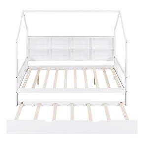 Full Kids Bed House Bed with Trundle, Kids Full Size Platform Bed Frame with Storage Shelves and Roof, Montessori Bed, Tent Bed, Wood Playhouse Bed Full for Kids Teens Girls & Boys (Full, White)