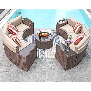 SUNSITT 11 Pieces Patio Furniture Set Outdoor Half-Moon Sectional Set with Round Coffee Table, Brown PE Wicker & Beige Cushion