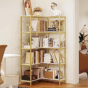 YITAHOME Corner Bookshelf, Gold Corner Shelf 5 Tier Bookcase, Large Display Rack Storage for Bedroom, Living Room, Home Office,White&Gold
