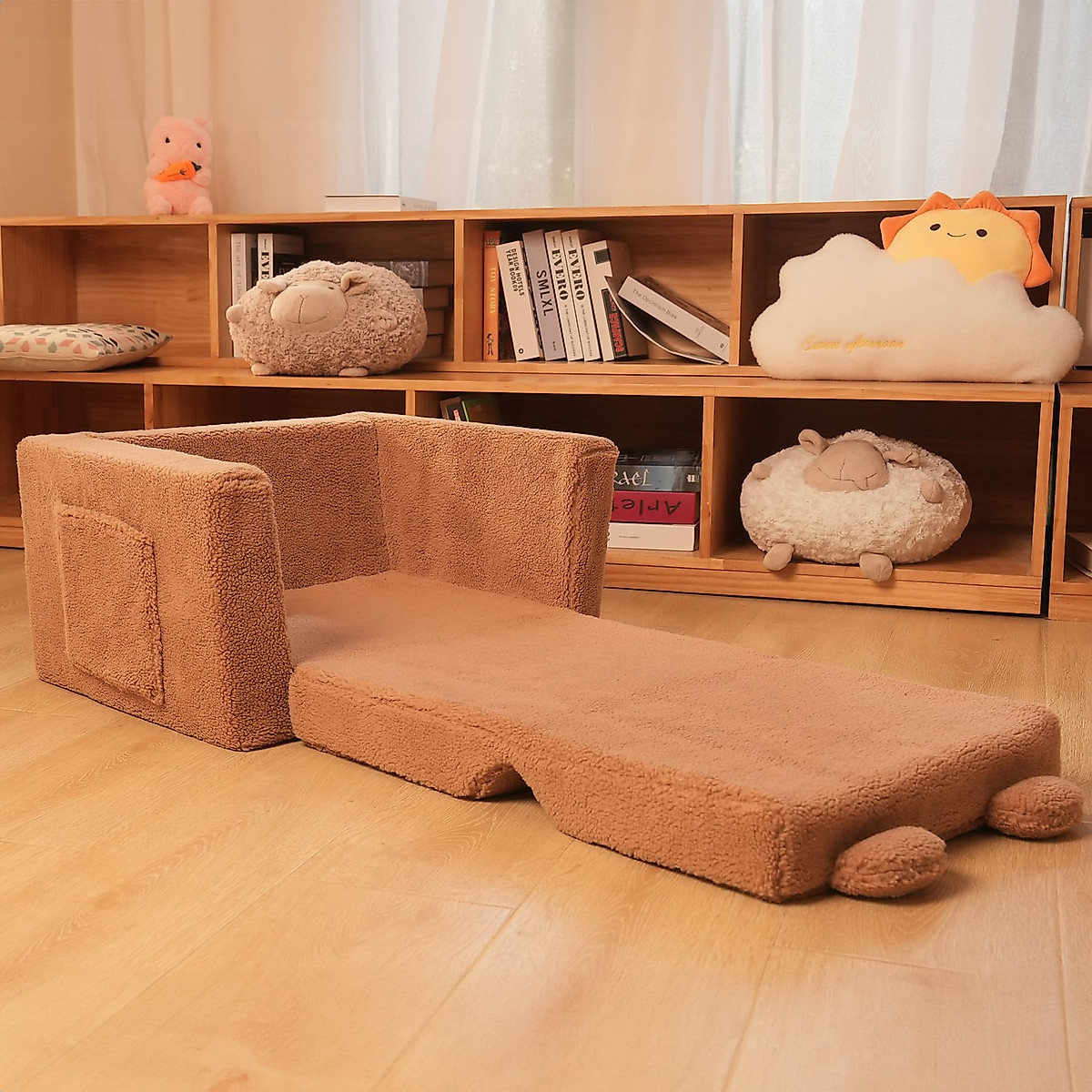 LonSEA Furniture, Teddy Bear, Baby Chair for Toddler, Toddler Bed, Convertible Sofa to Lounger - Comfy 2-in-1 Flip Open Couch/Sleeper for Kids, Toddler Cot, Light Brown